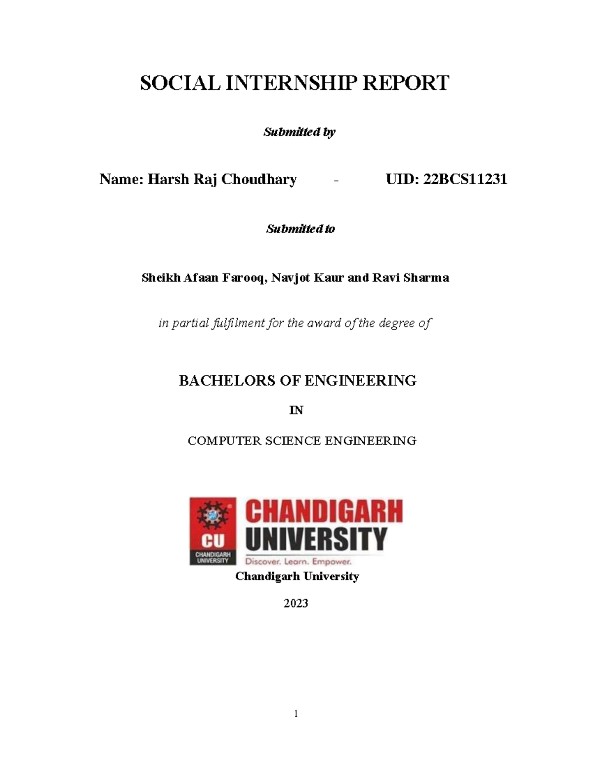 Harsh (Final Report) - SOCIAL INTERNSHIP REPORT Submitted by - Submitted to Sheikh Afaan Farooq ...