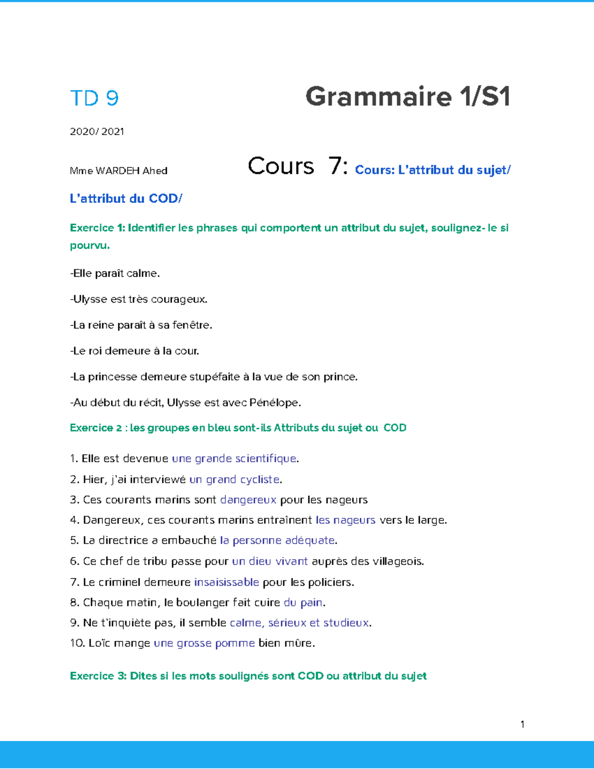 TD 9 séance 11 Grammaire 1 - TD 9 Grammaire 1/S 2020/ 2021 Mme WARDEH ...