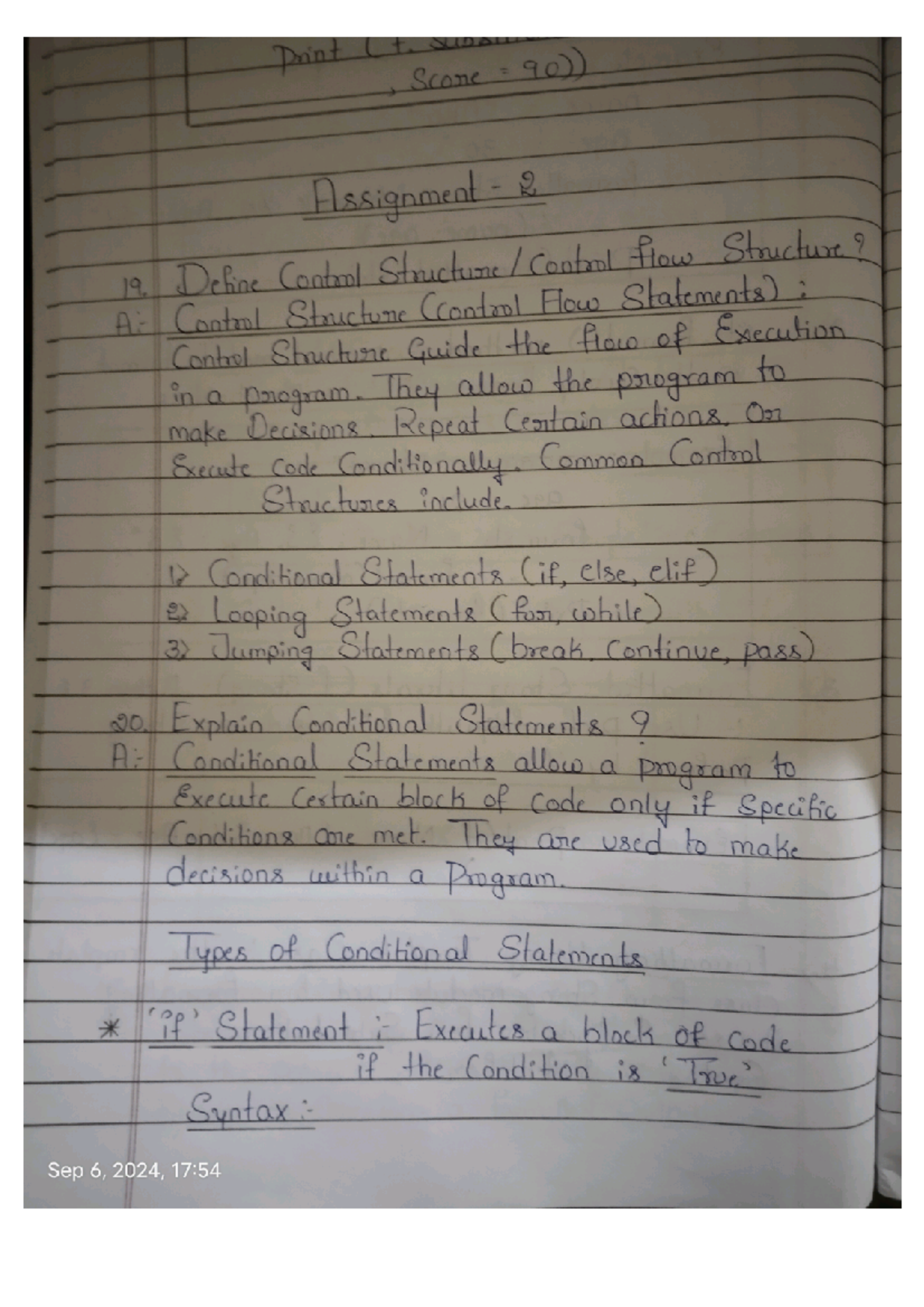 Python Assignment 2 - Print t. Score 90)) Assignment 2 19. Define Control Structure Control flow ...