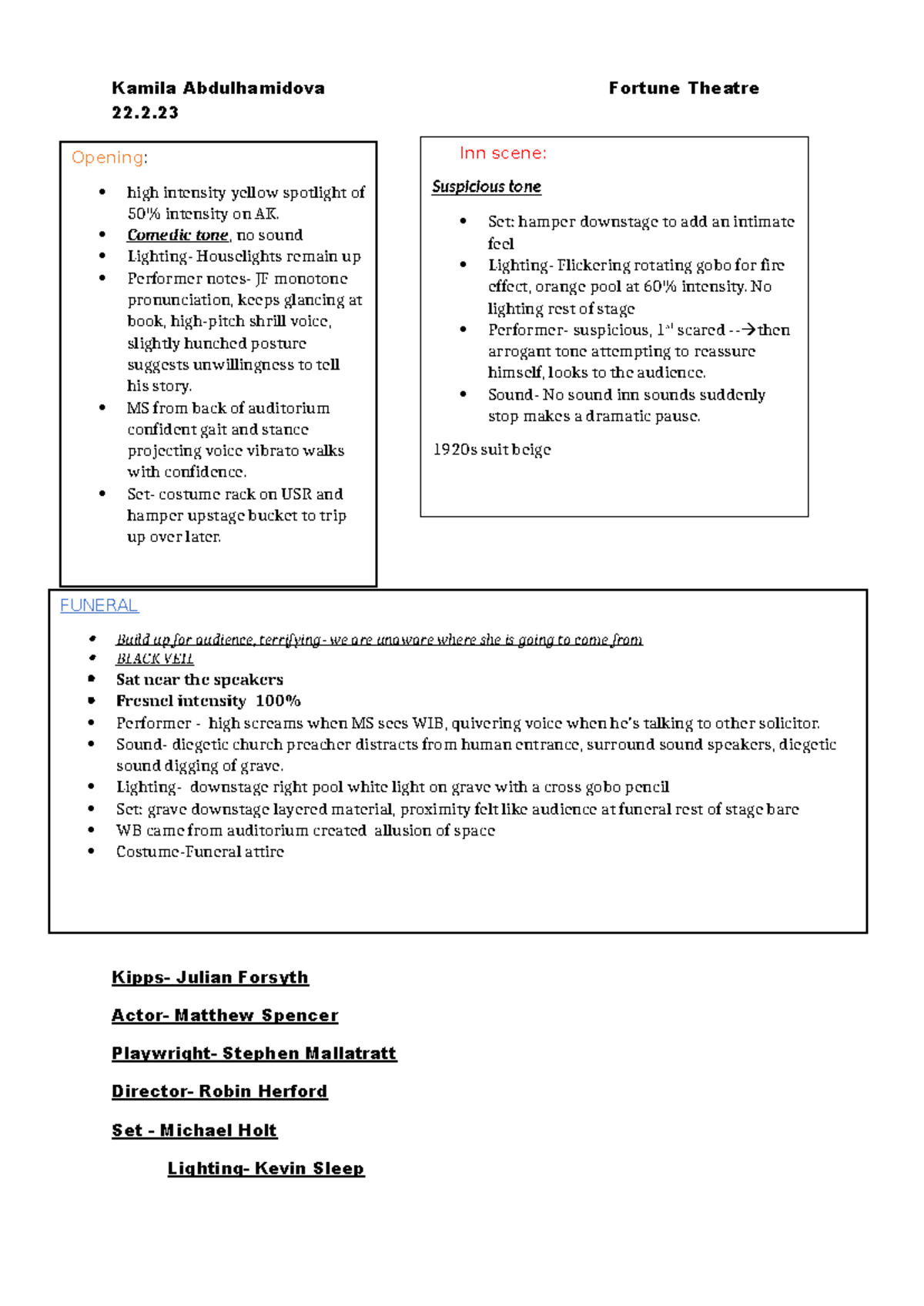 The woman in black - cheat sheet - Kamila Abdulhamidova Fortune Theatre ...