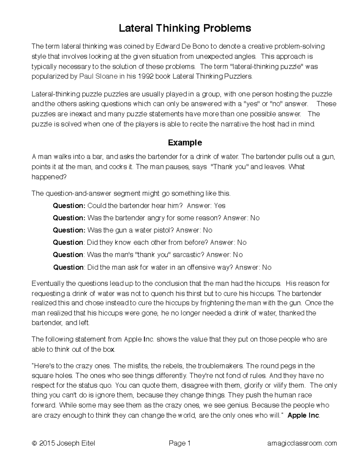 Lateral thinking puzzles - Creative Engineering Design - Studocu