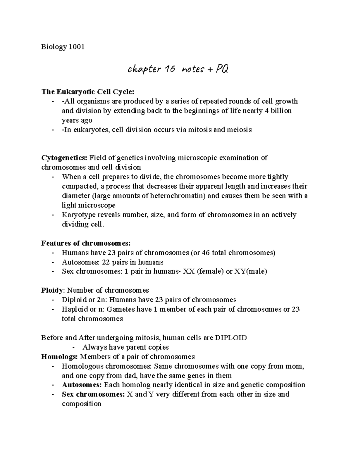 BIO 1001 Cell Cycle Notes PQ Biology 1001 Cat 16 No P The