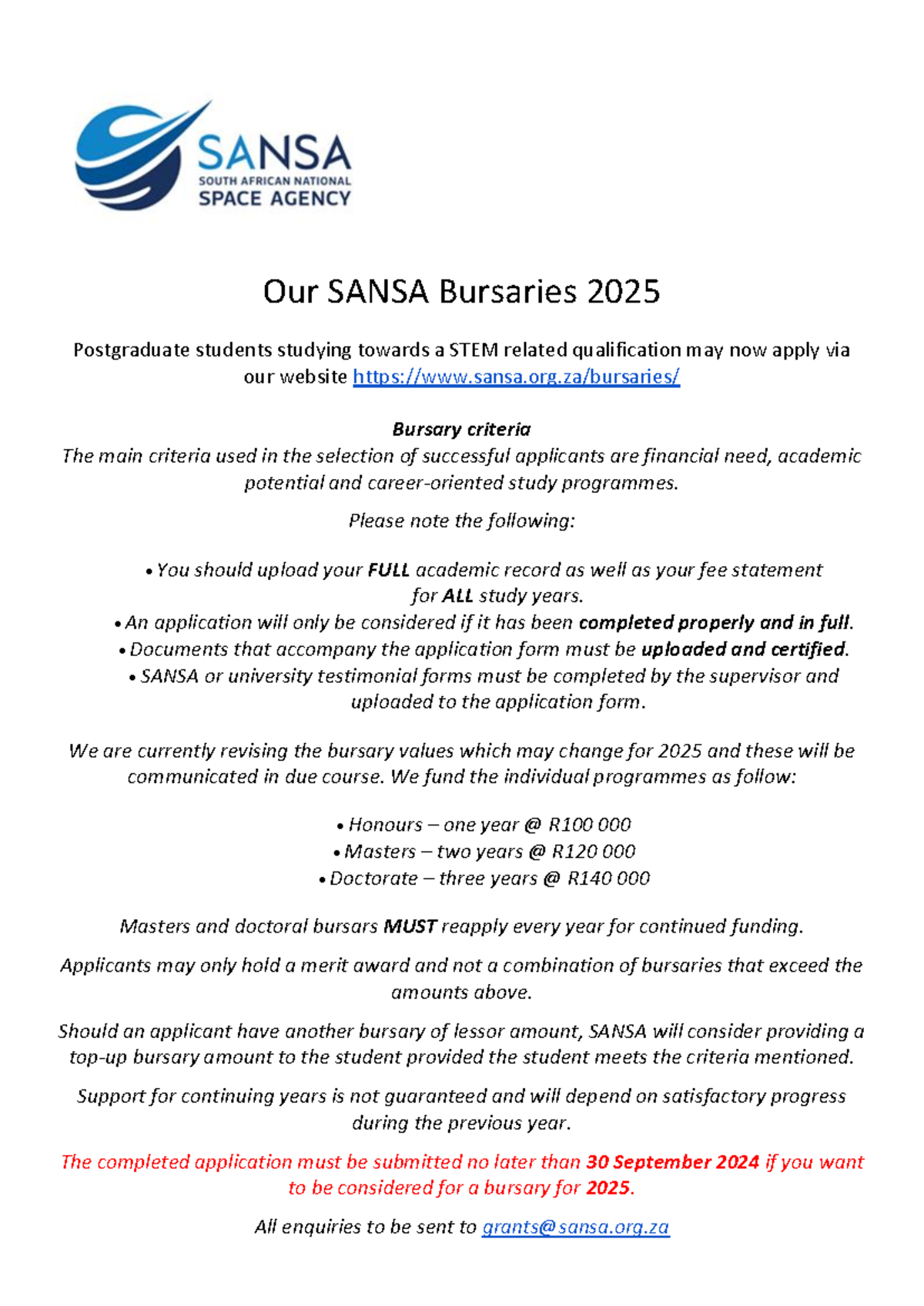 Sansa bursary info 2025 - Our SANSA Bursaries 2025 Postgraduate ...