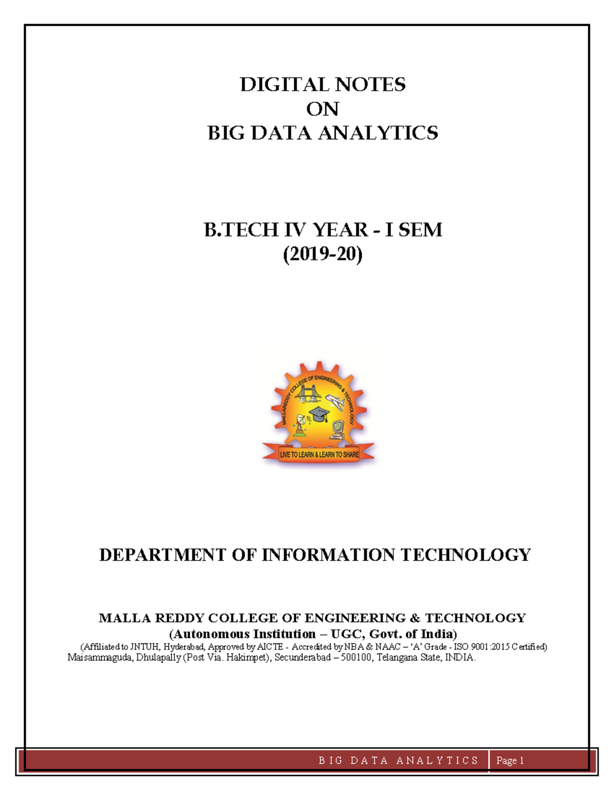 R15A0530 BDA - BDA - DIGITAL NOTES ON BIG DATA ANALYTICS B IV YEAR - I ...