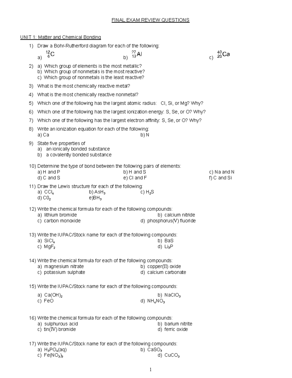 Final Exam Review 1 - FINAL EXAM REVIEW QUESTIONS UNIT 1: Matter and ...