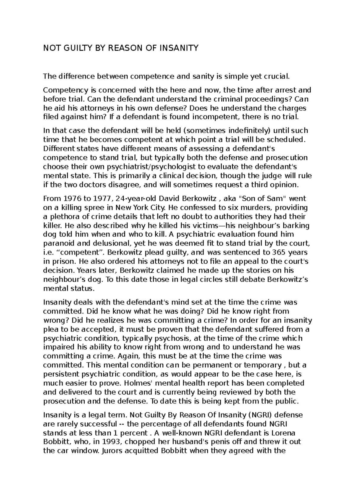 Not Guilty by Reason of Insanity - NOT GUILTY BY REASON OF INSANITY The ...