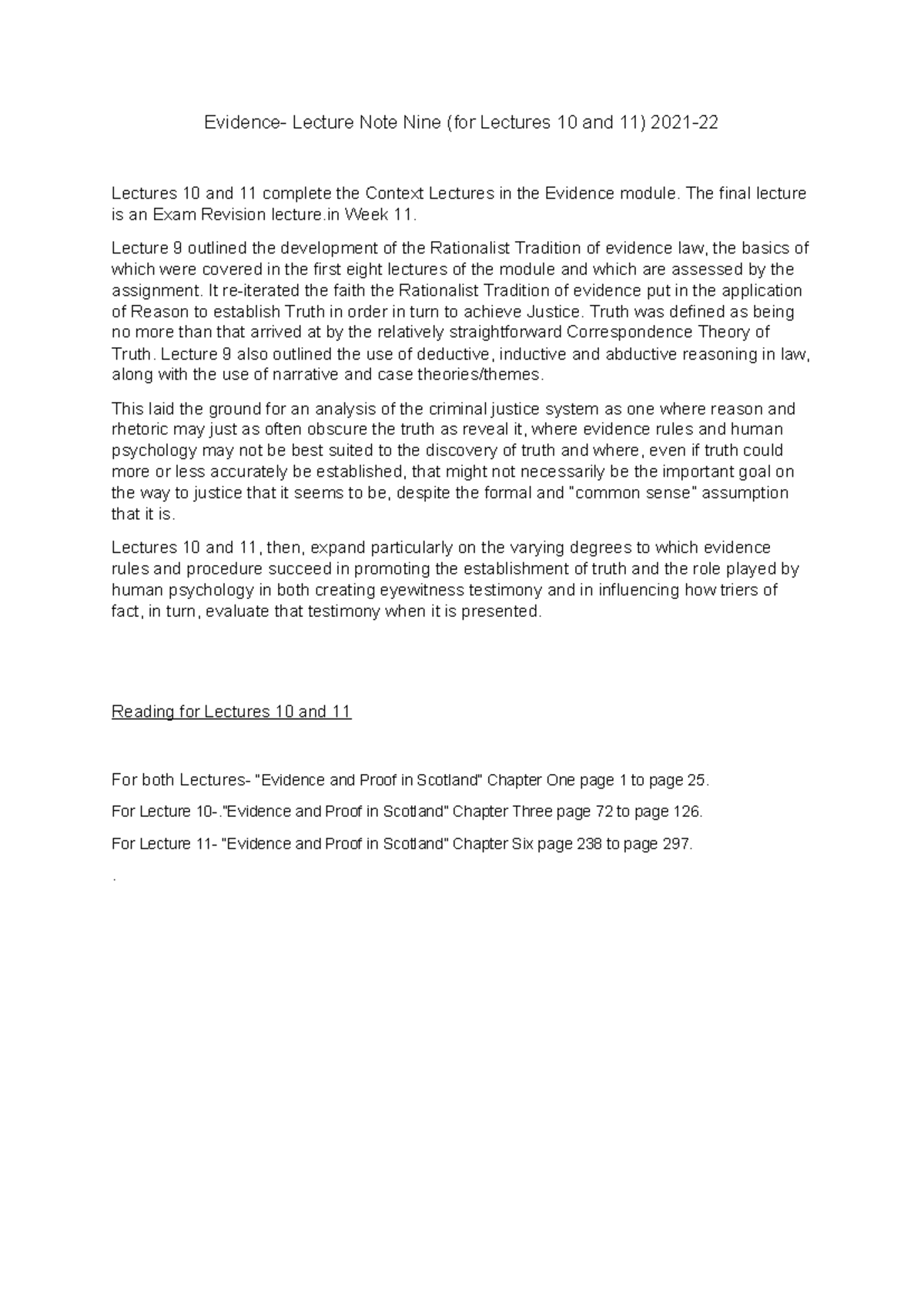 Lecture Note 10-11 - Evidence notes - Evidence- Lecture Note Nine (for ...