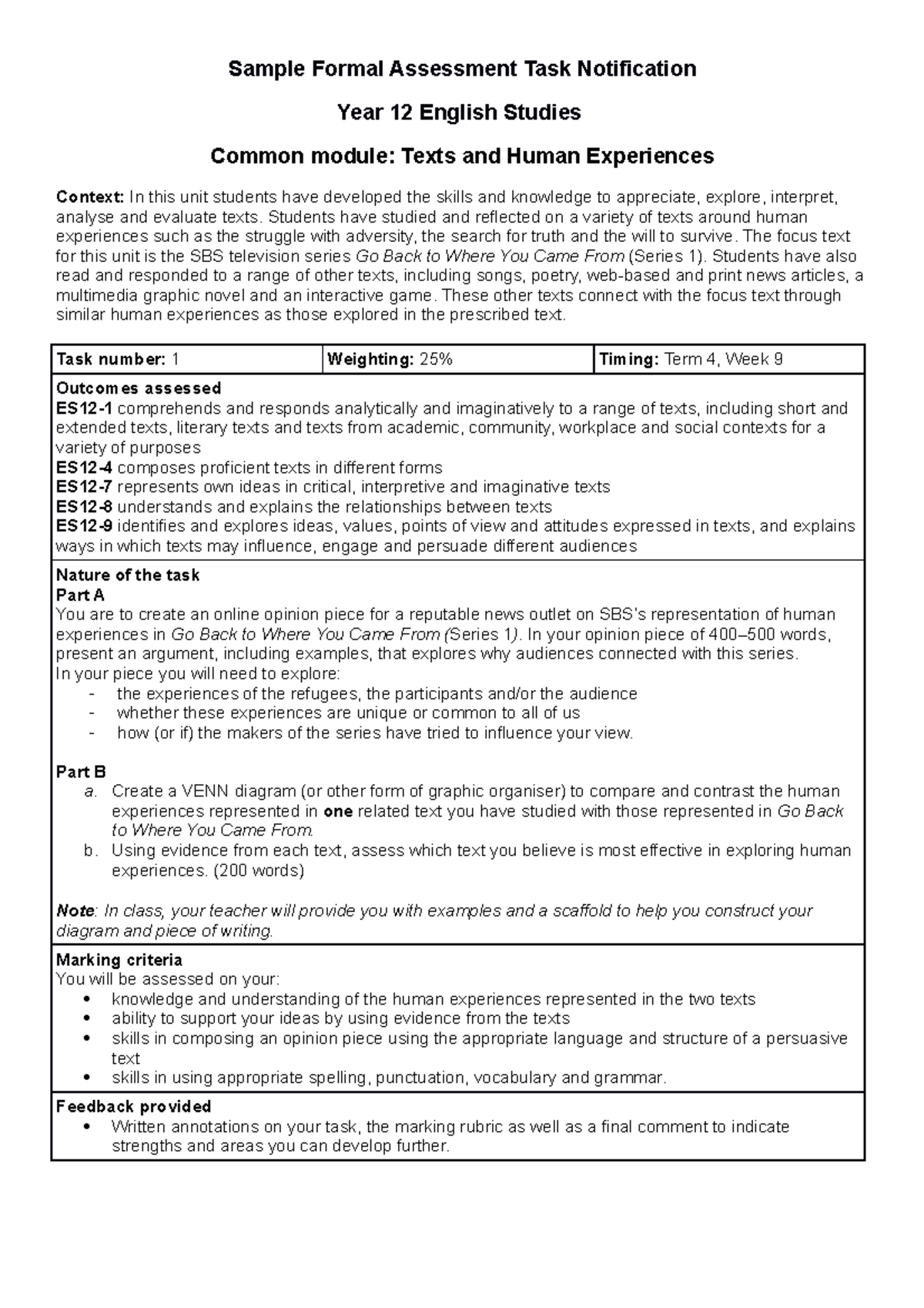Stage 6 english studies texts and human experiences sample assessment ...
