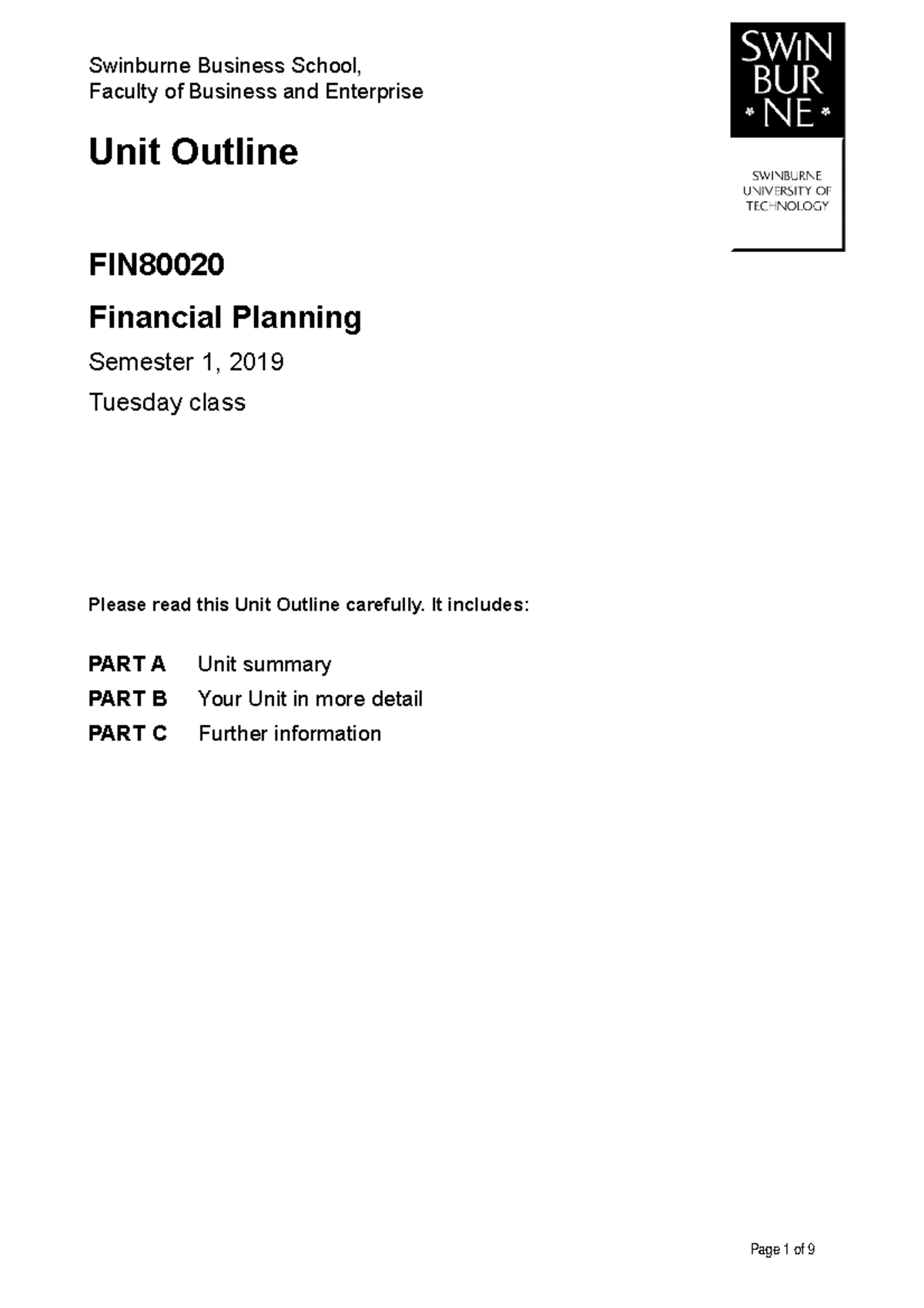 12019 Unit Outline FIN80020 Tuesday class - Swinburne Business School ...