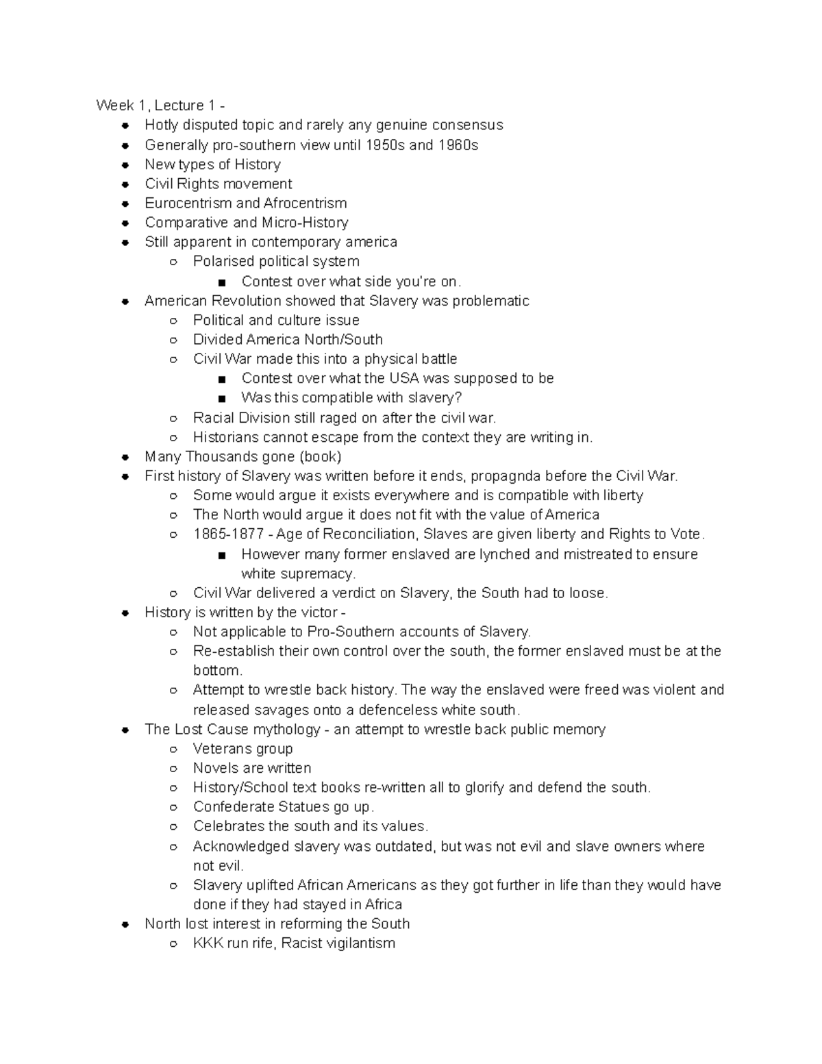 American Slavery - Lecture notes from the module - Week 1, Lecture 1 ...