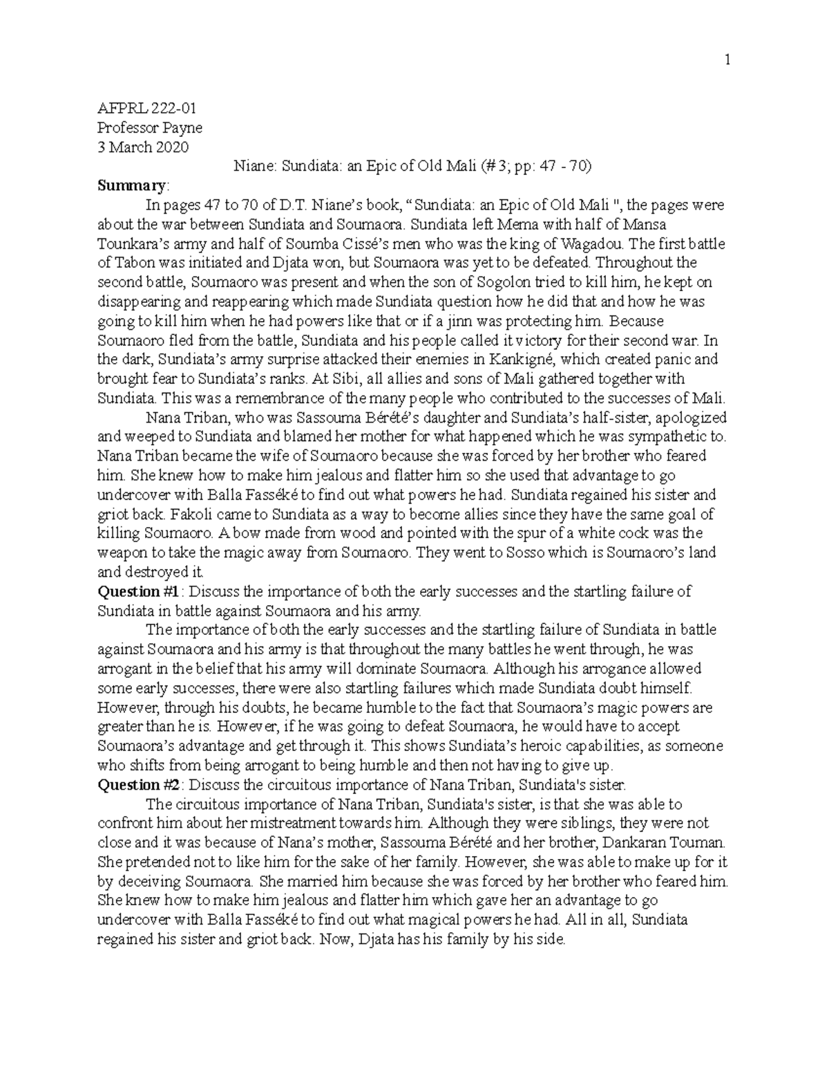 Afprl 222-01 Niane Sundiata AN EPIC OF OLD MALI (# 3; PP 47 - 70) - 1 ...
