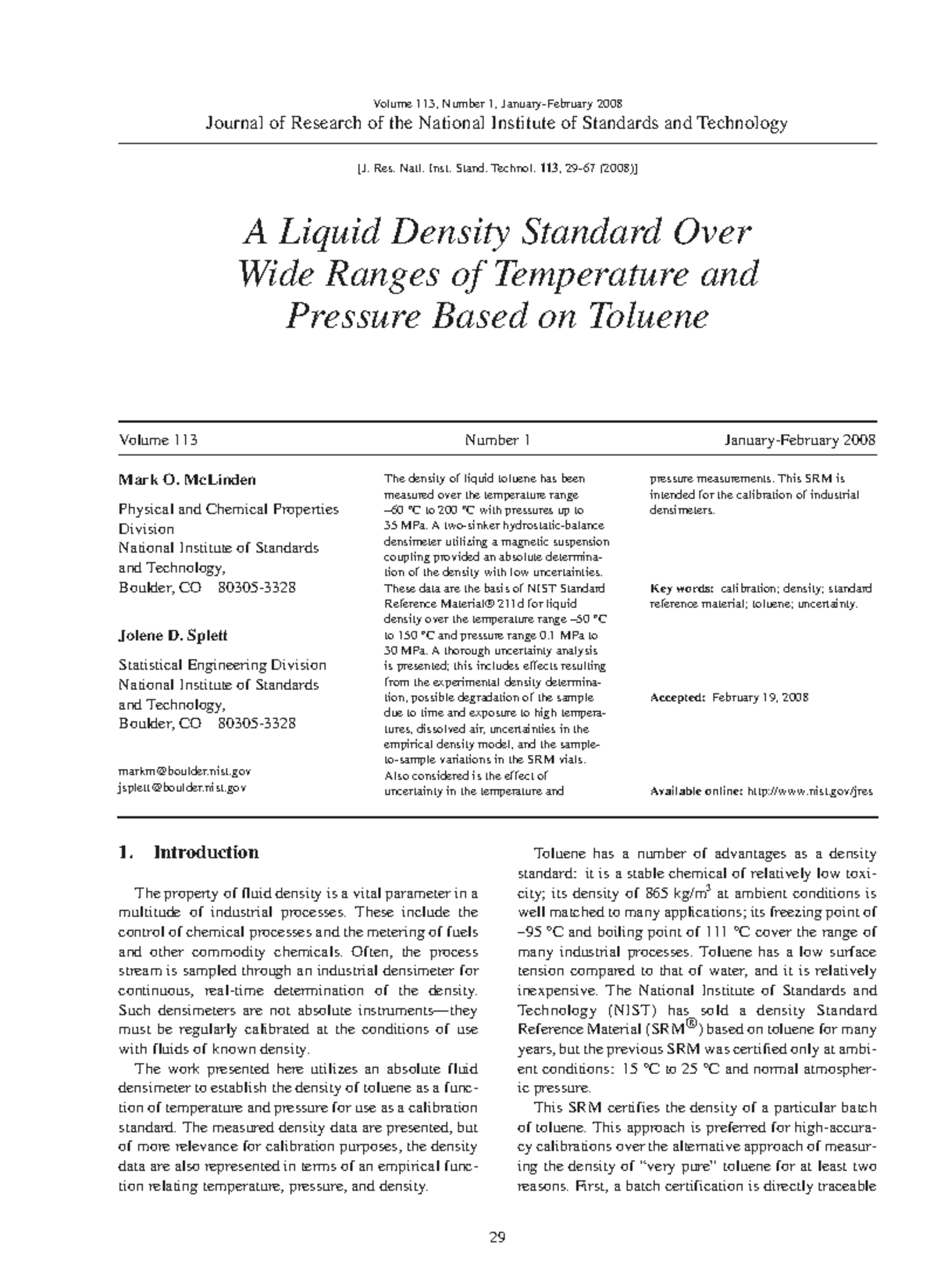 A Liquid Density Standard Over Wide Ranges of Temp - Introduction The ...