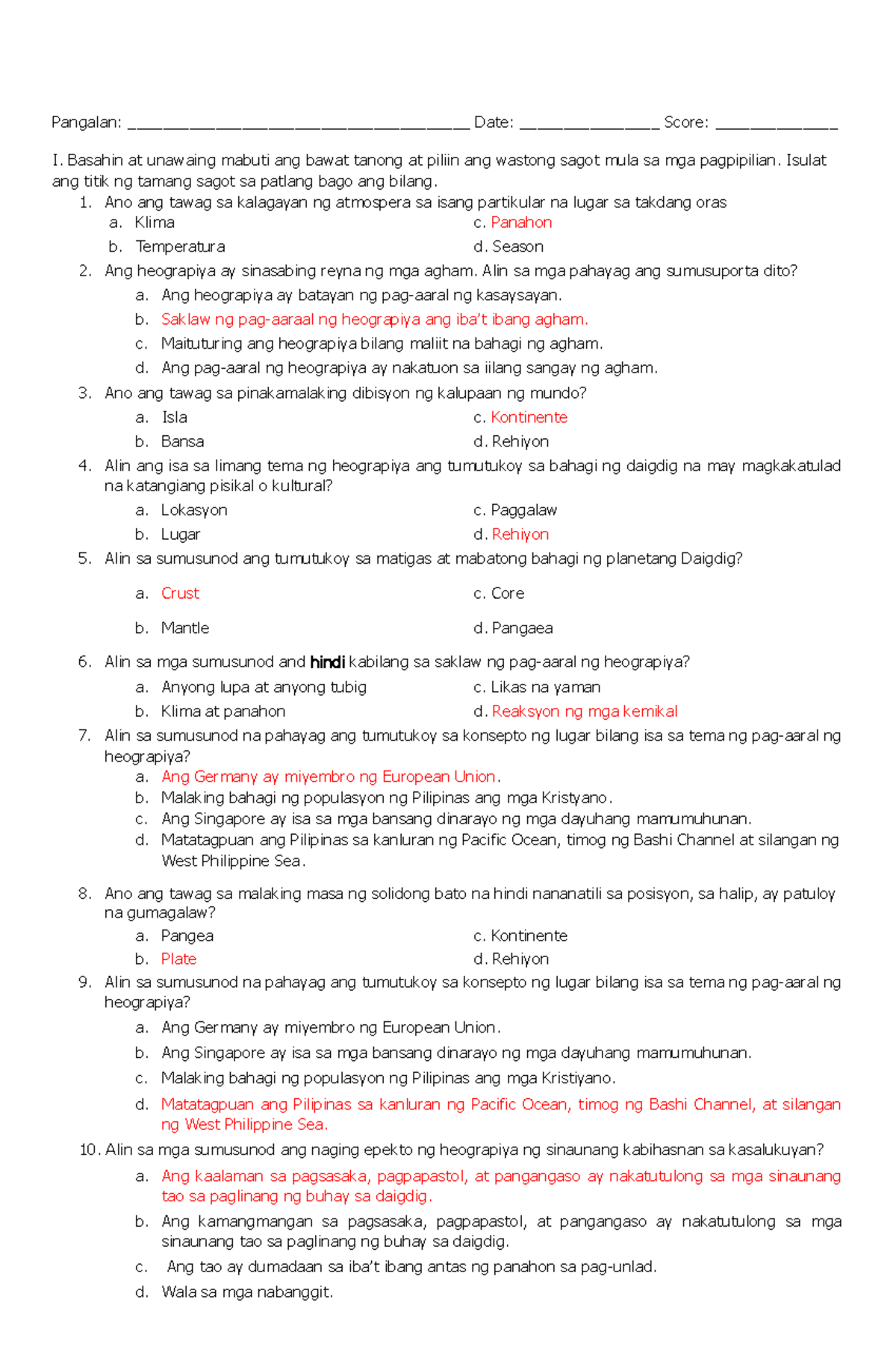 Araling Panlipunan - Exam - Pangalan ...