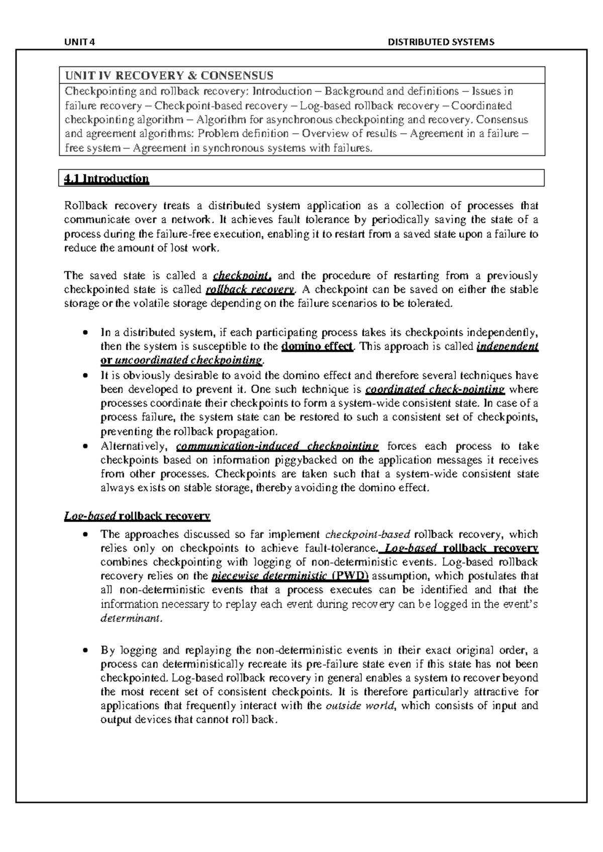 Distributed Systems R19 - UNIT-4 - 4 Introduction Rollback recovery treats a distributed system ...
