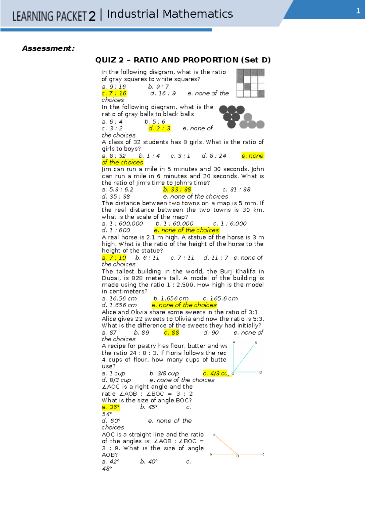 QUIZ 2 - SET 1 - Assessment: QUIZ 2 – RATIO AND PROPORTION (Set D) In ...