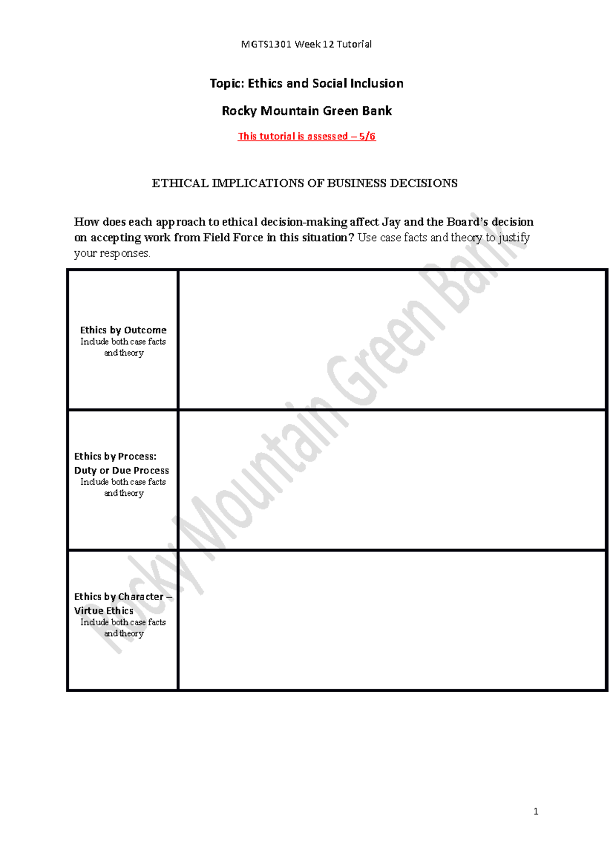 Week 12 Ethics Social Inclusion Worksheet RMGBank - MGTS1301 Week 12 ...