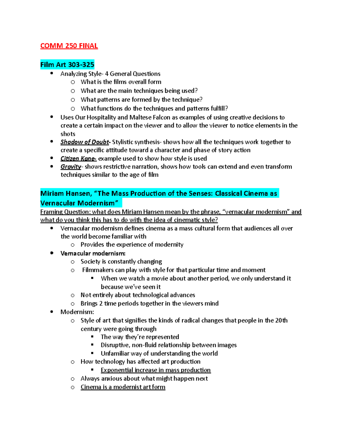 COMM 250 Final - Professor Kevin Hagopian - COMM 250 FINAL Film Art 303 ...