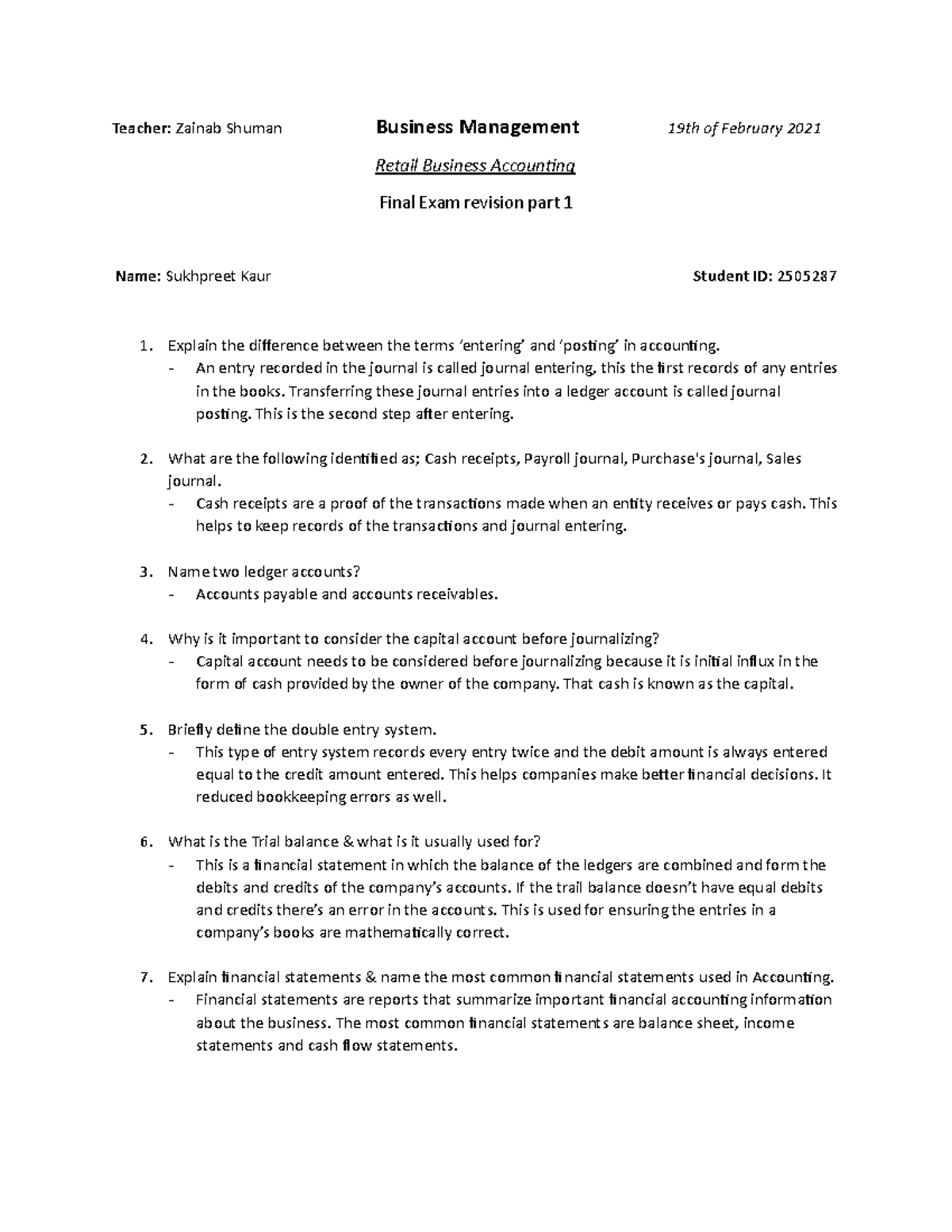 Business retail accounting final exam revision exercise 1 - Teacher ...