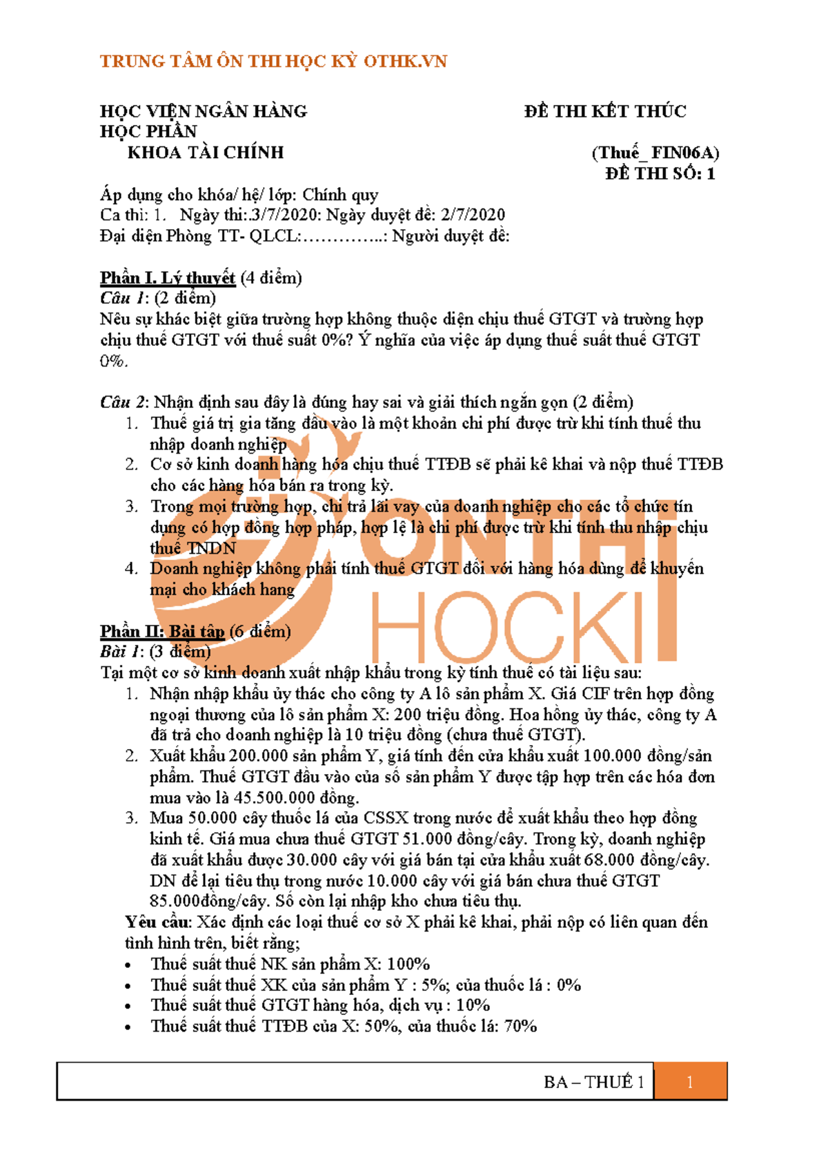 1716779903422 de thi thue 1 pdf - HỌC VIỆN NGÂN HÀNG ĐỀ THI KẾT THÚC HỌC PHẦN KHOA TÀI CHÍNH ...