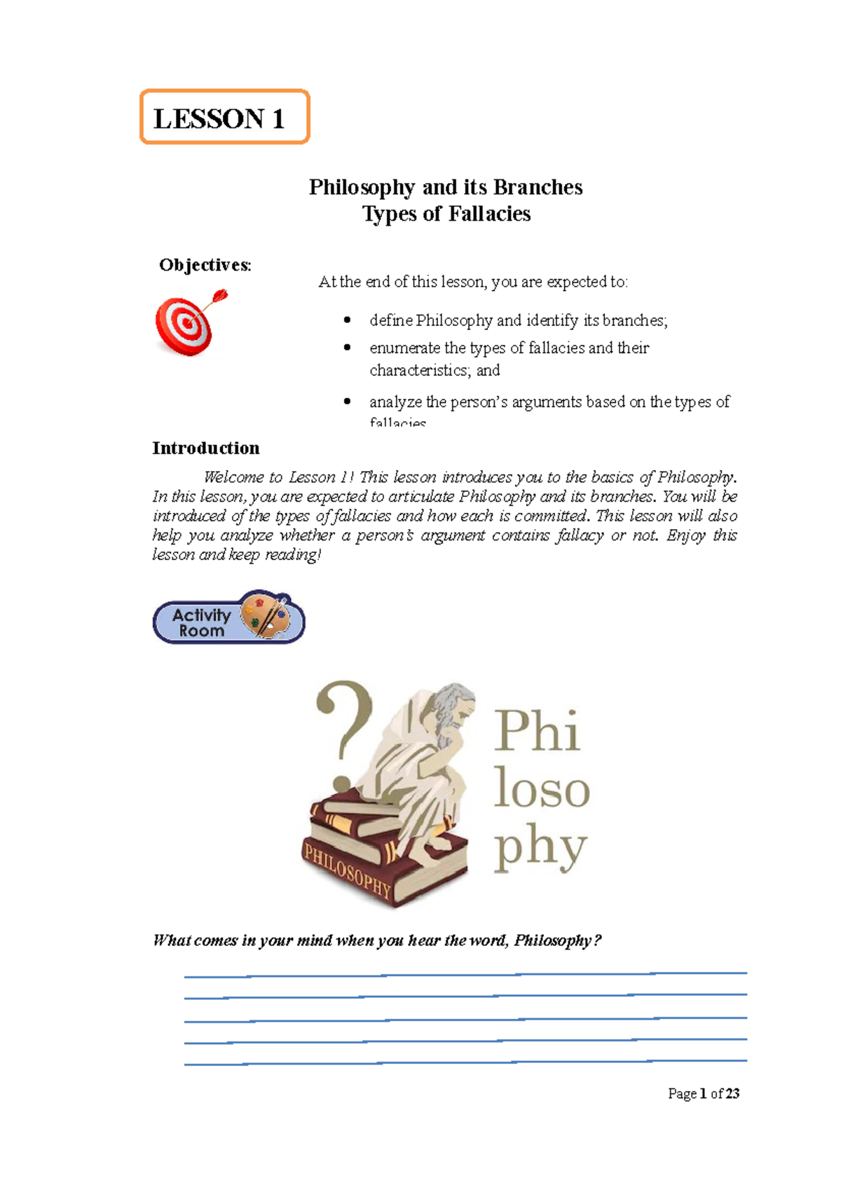 Edited Ethics Module 1 - LESSON 1 Philosophy and its Branches Types of Fallacies Objectives ...