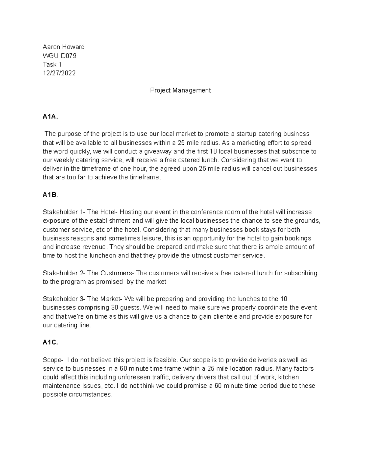 D079 task 1 - dople - Aaron Howard WGU D Task 1 12/27/ Project ...