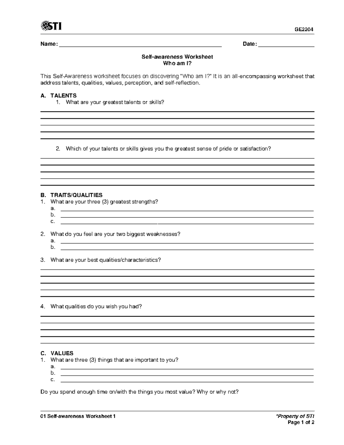 01 Self-awareness Worksheet 1 - A. TALENTS 1. What are your greatest ...
