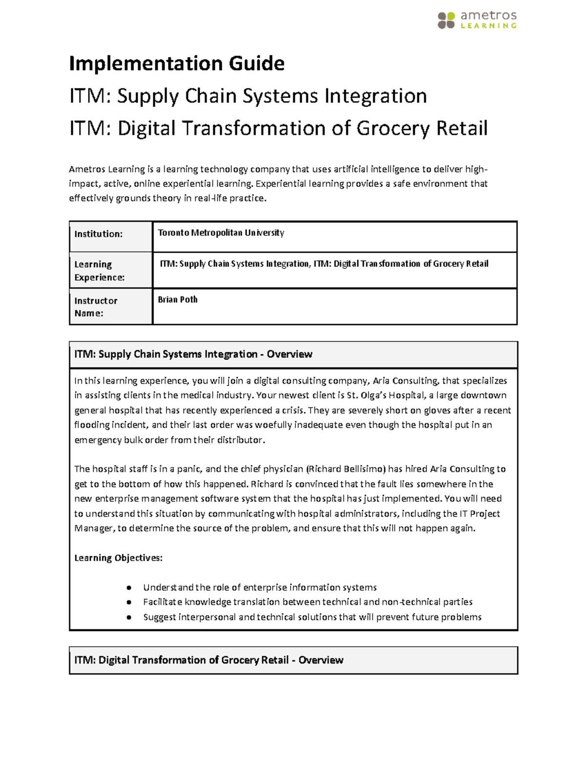 ITM 100 Ametros Implementation Guide Fall 2023 Section 081 ...