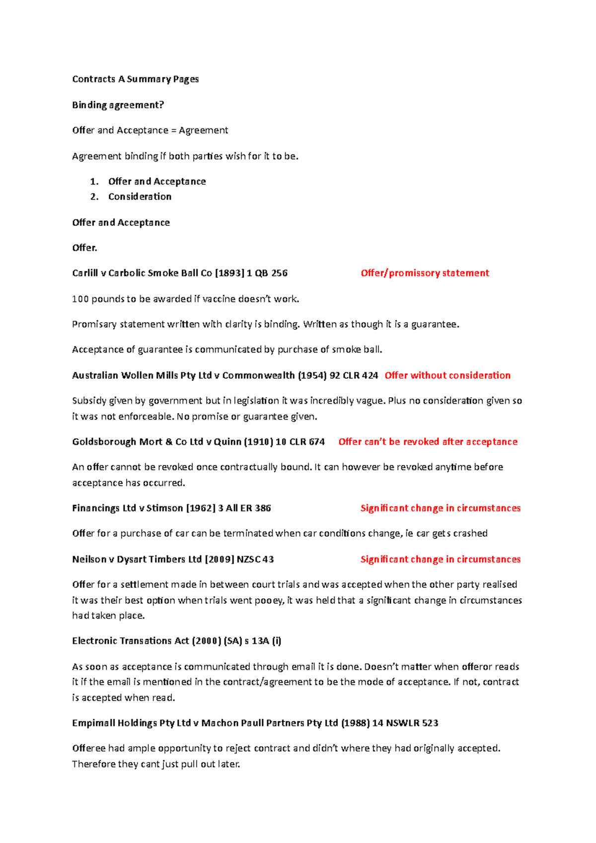 Contracts Summary Pages - Contracts A Summary Pages Binding agreement ...