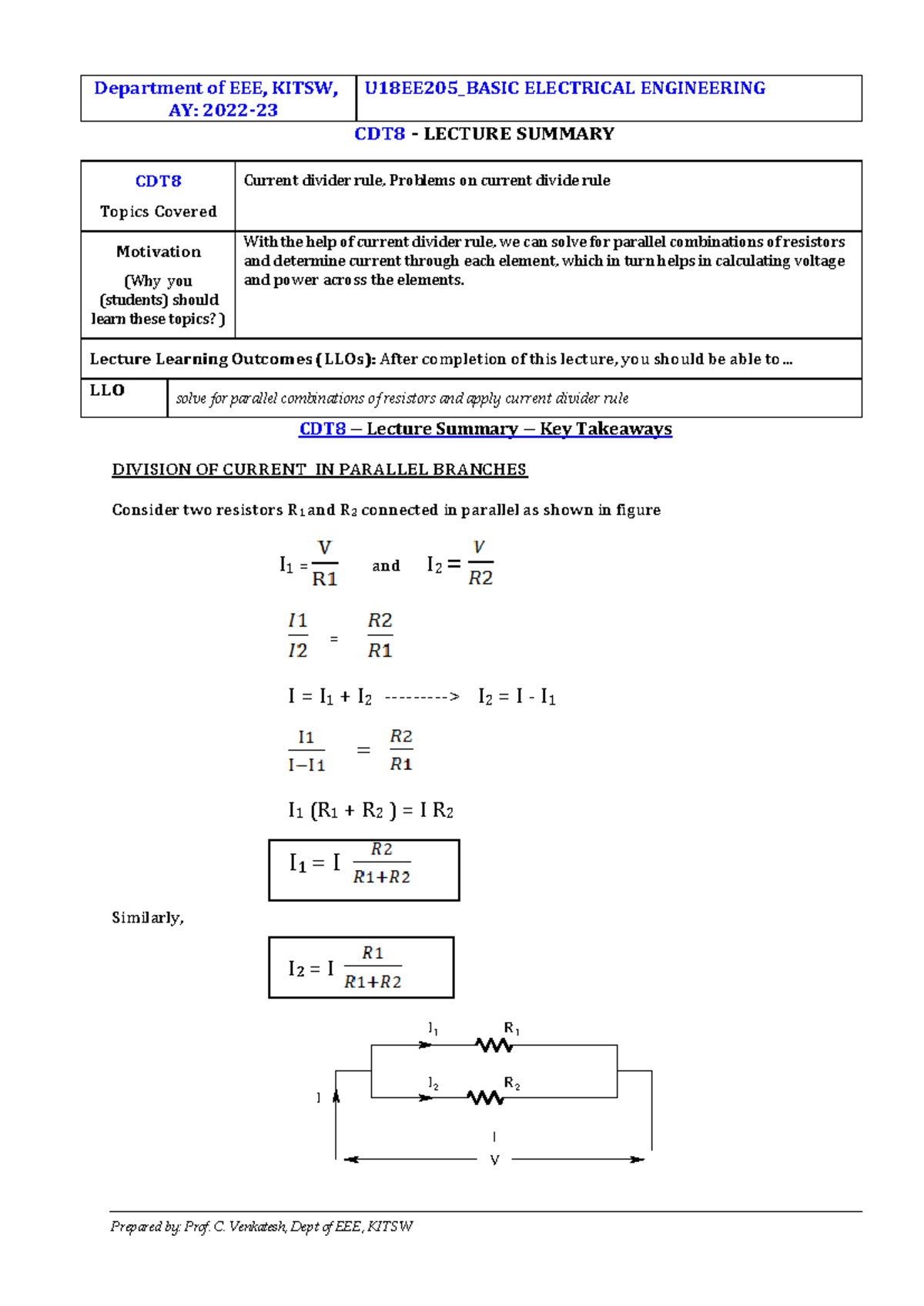 BEE CDT8 Summary 2022-23 - Department of EEE, KITSW, U18EE205_BASIC ELECTRICAL ENGINEERING AY ...