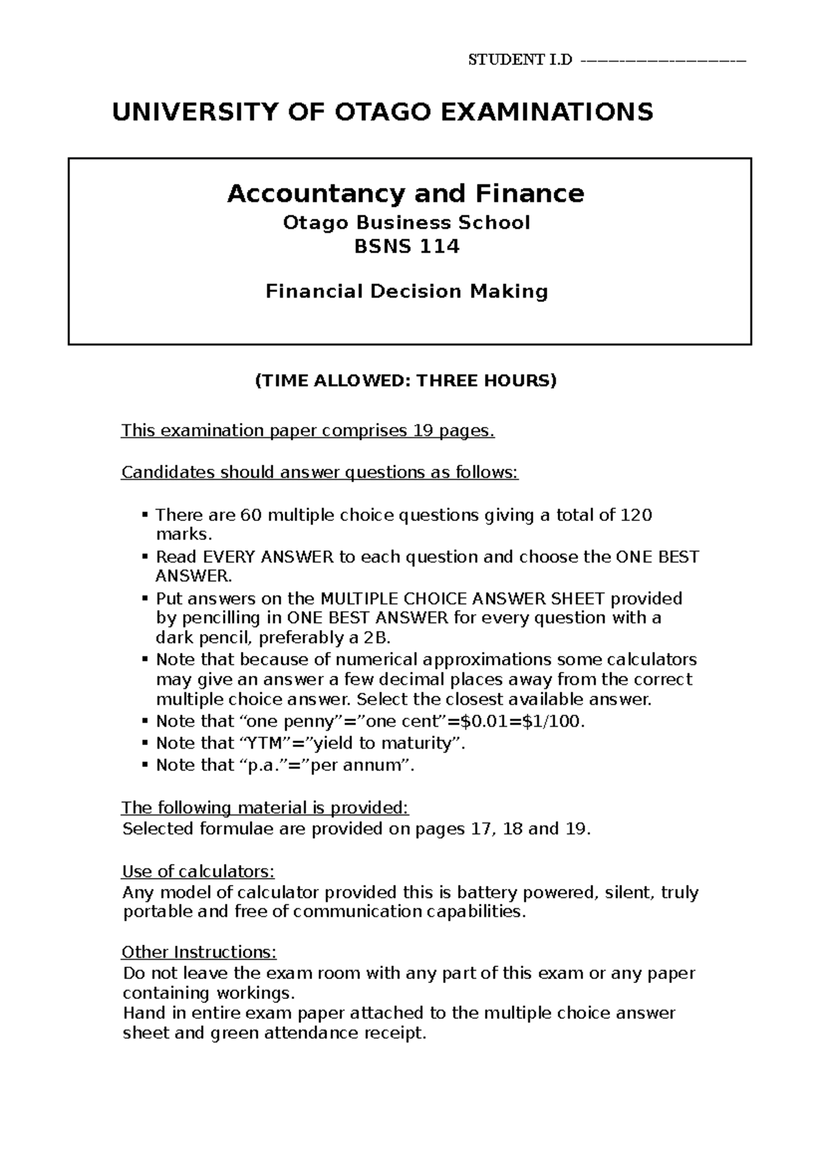BSNS114 Past Final - STUDENT I - UNIVERSITY OF OTAGO EXAMINATIONS ...