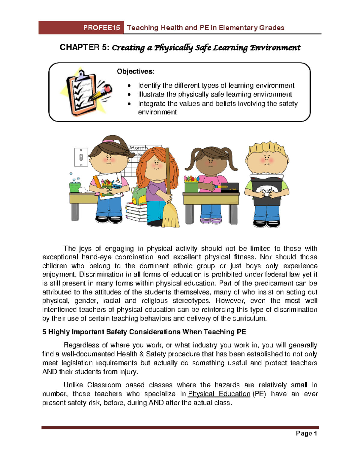 Chapter 5 - Teaching Education - CHAPTER 5: Creating a Physically Safe Learning Environment The ...