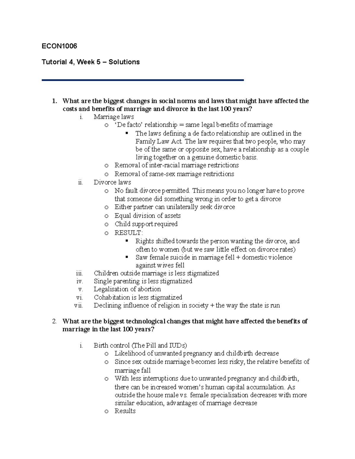 ECON1006 - 2024s1 - Tutorial W5 - Solutions - ECON Tutorial 4, Week 5 – Solutions 1. What are ...