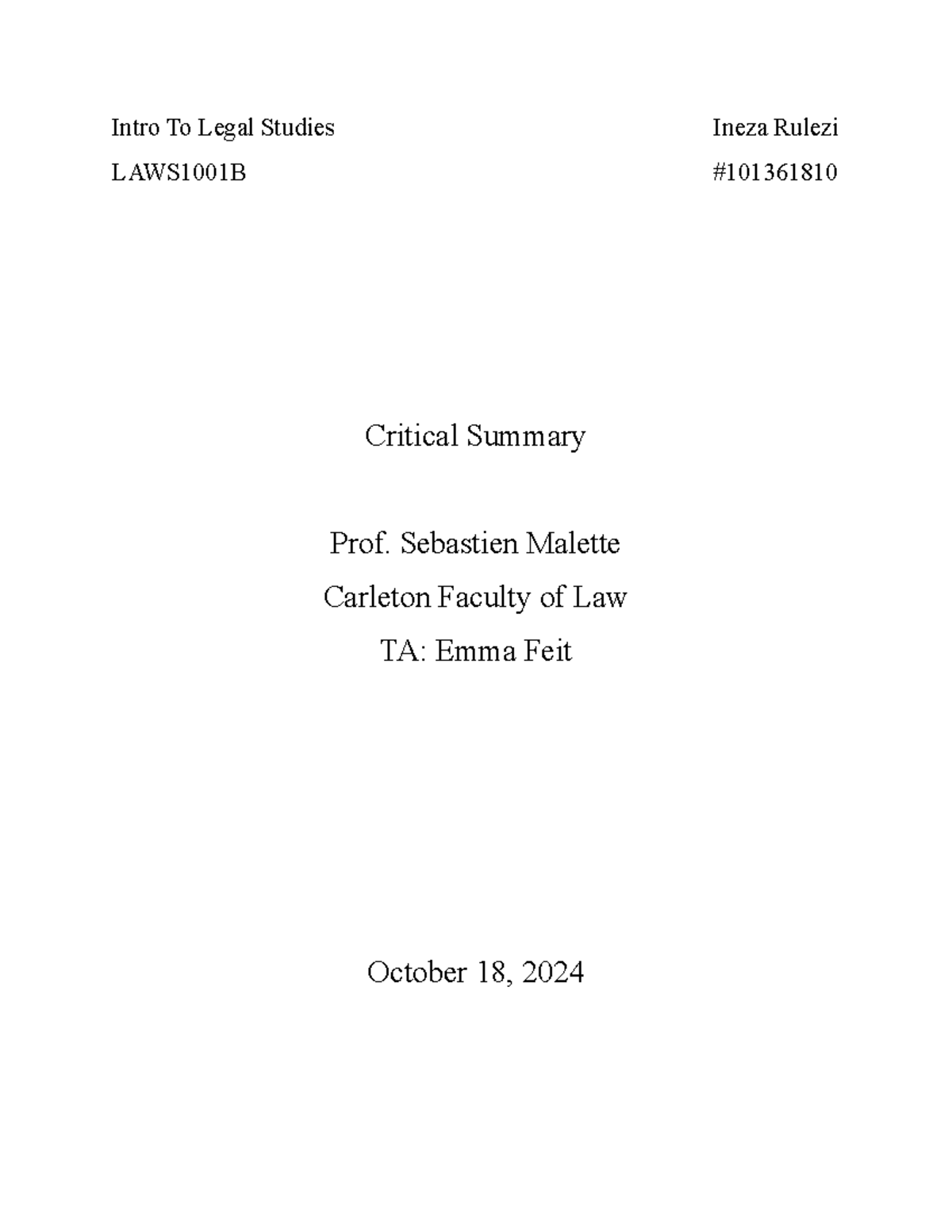 Law Assignment LAWS1001B - Intro To Legal Studies Ineza Rulezi ...