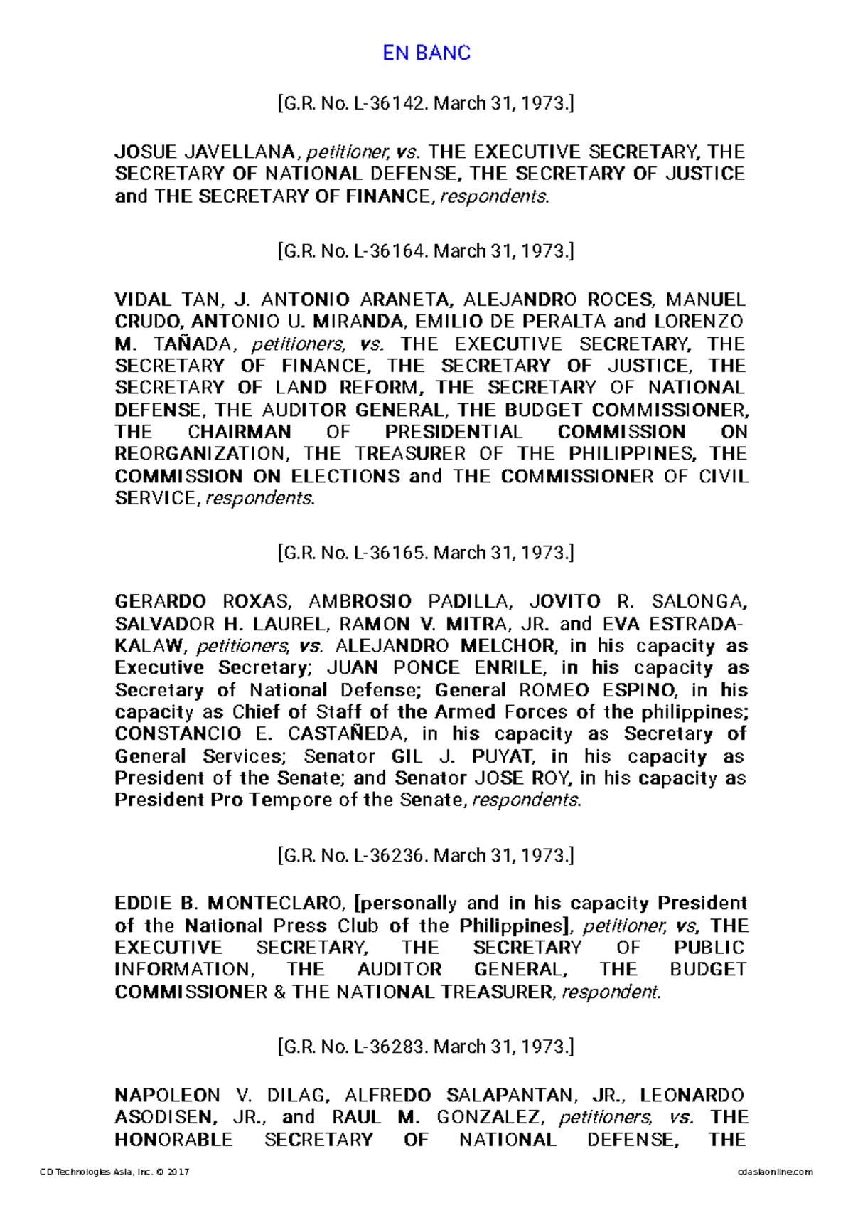1. Resolution Javellana vs. Exec Sec - EN BANC [G. No. L-36142. March ...