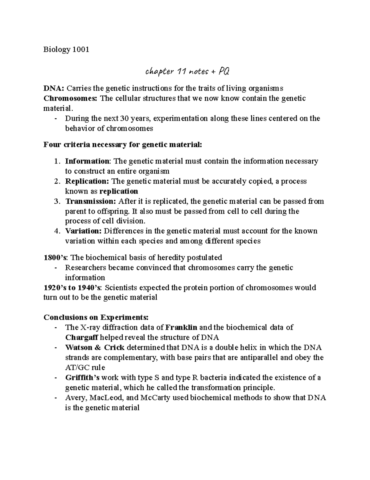 BIO 1001 CH 11 Notes +PQ - Biology 1001 cat 11 no + P DNA: Carries the ...