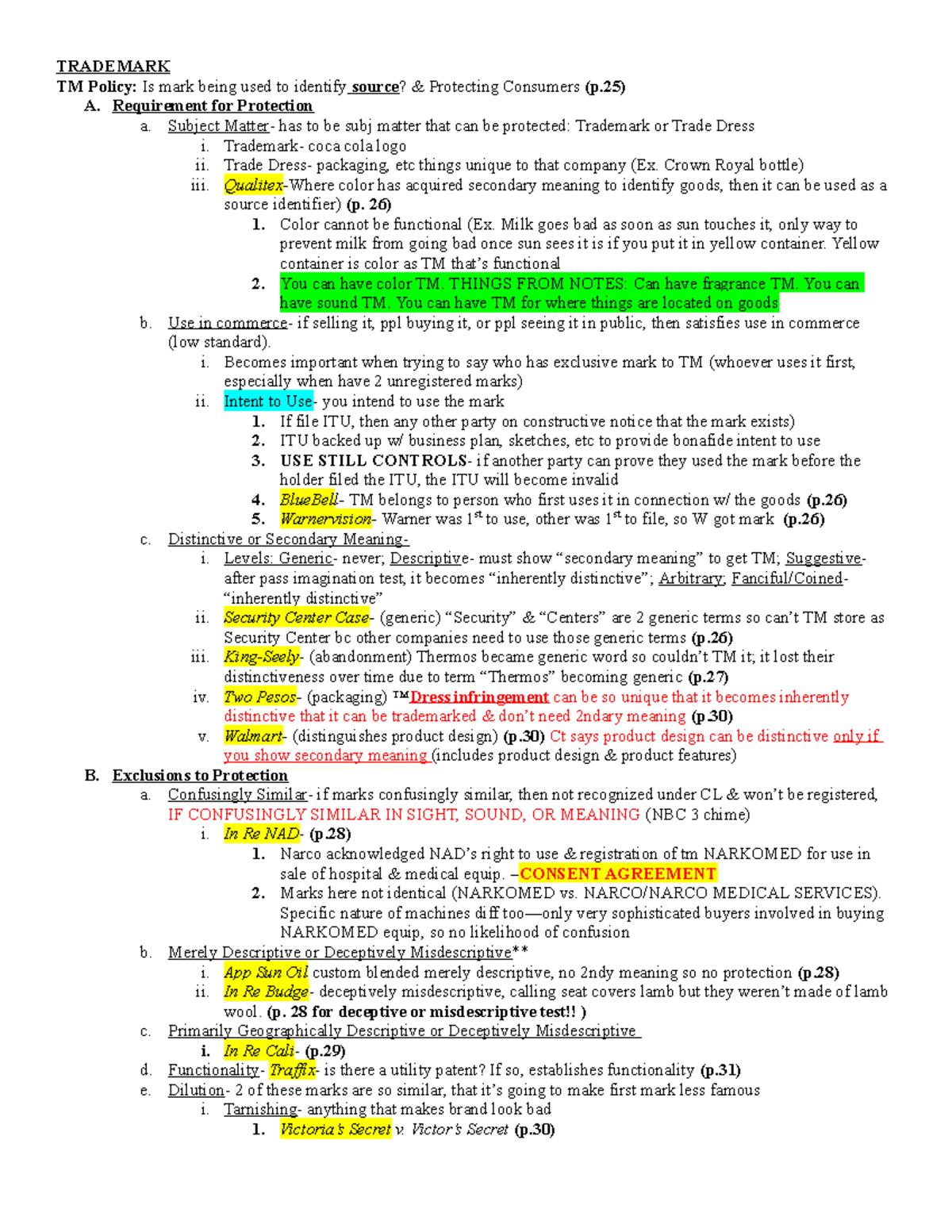 Trademark Outline Overview including lecture notes and case briefs ...