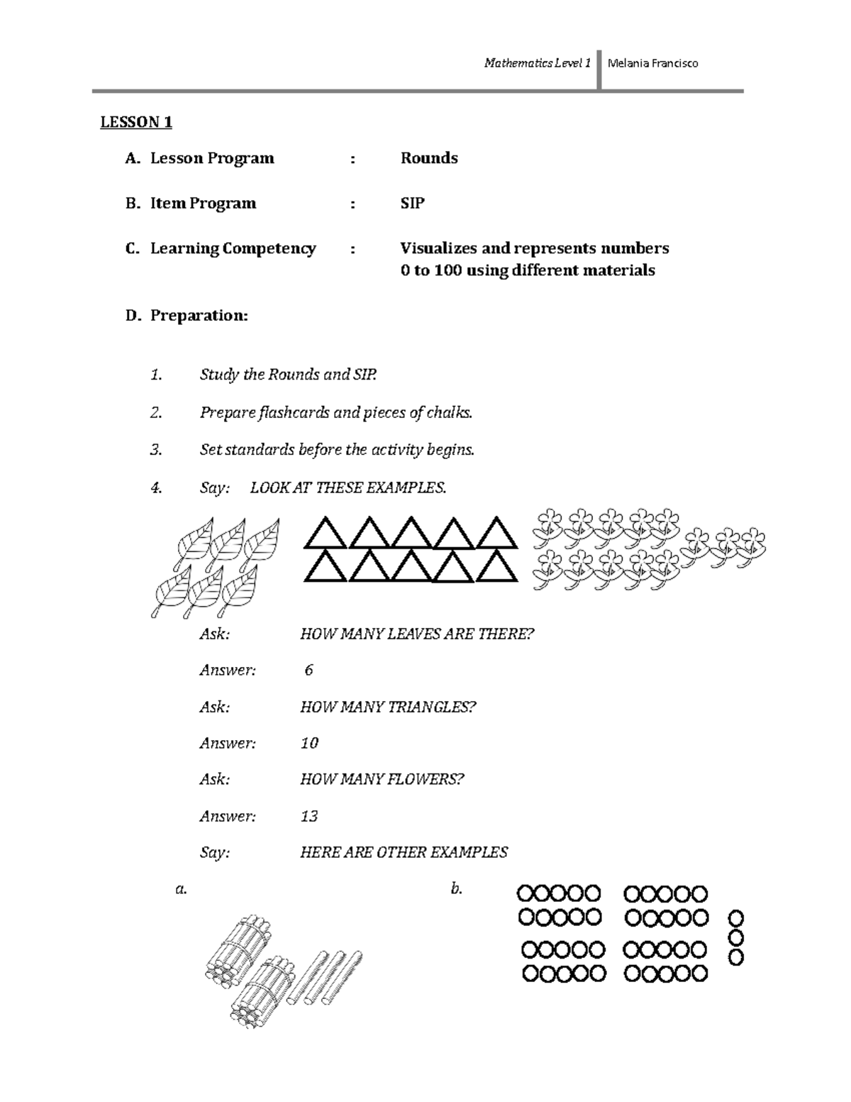 Grade 1 Arpan Detailed Lesson PLAN - Mathematics Level 1 Melania ...
