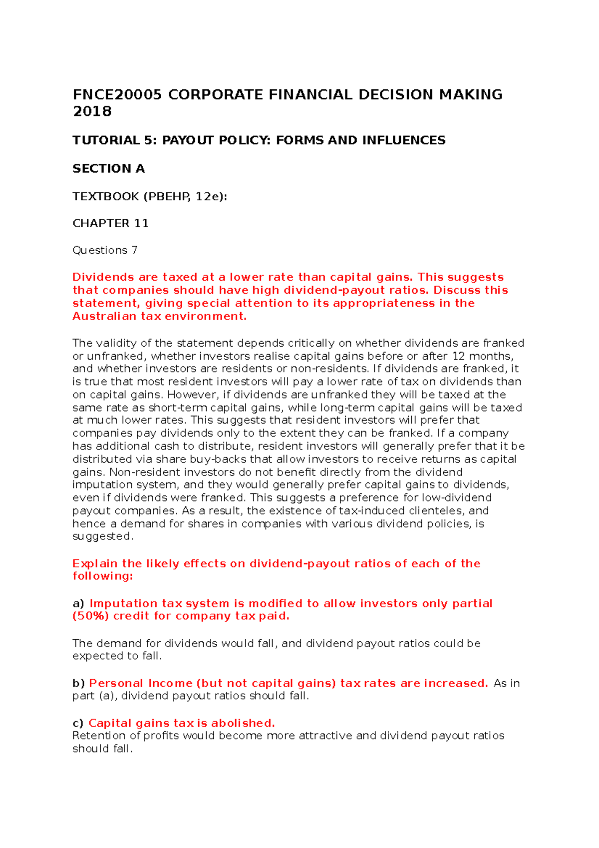 Topic 5 payout policy part A - FNCE20005 CORPORATE FINANCIAL DECISION ...