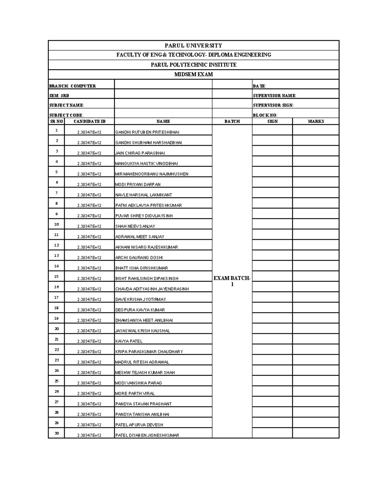 3RD SEM MID-TERM EXAM-SIGN- Sheet - SR NO CANDIDATE ID NAME BATCH SIGN ...