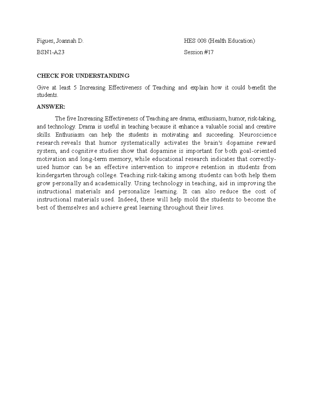Session 17 - HES 008 - Figues, Joannah D. HES 008 (Health Education) BSN1-A23 Session # CHECK ...