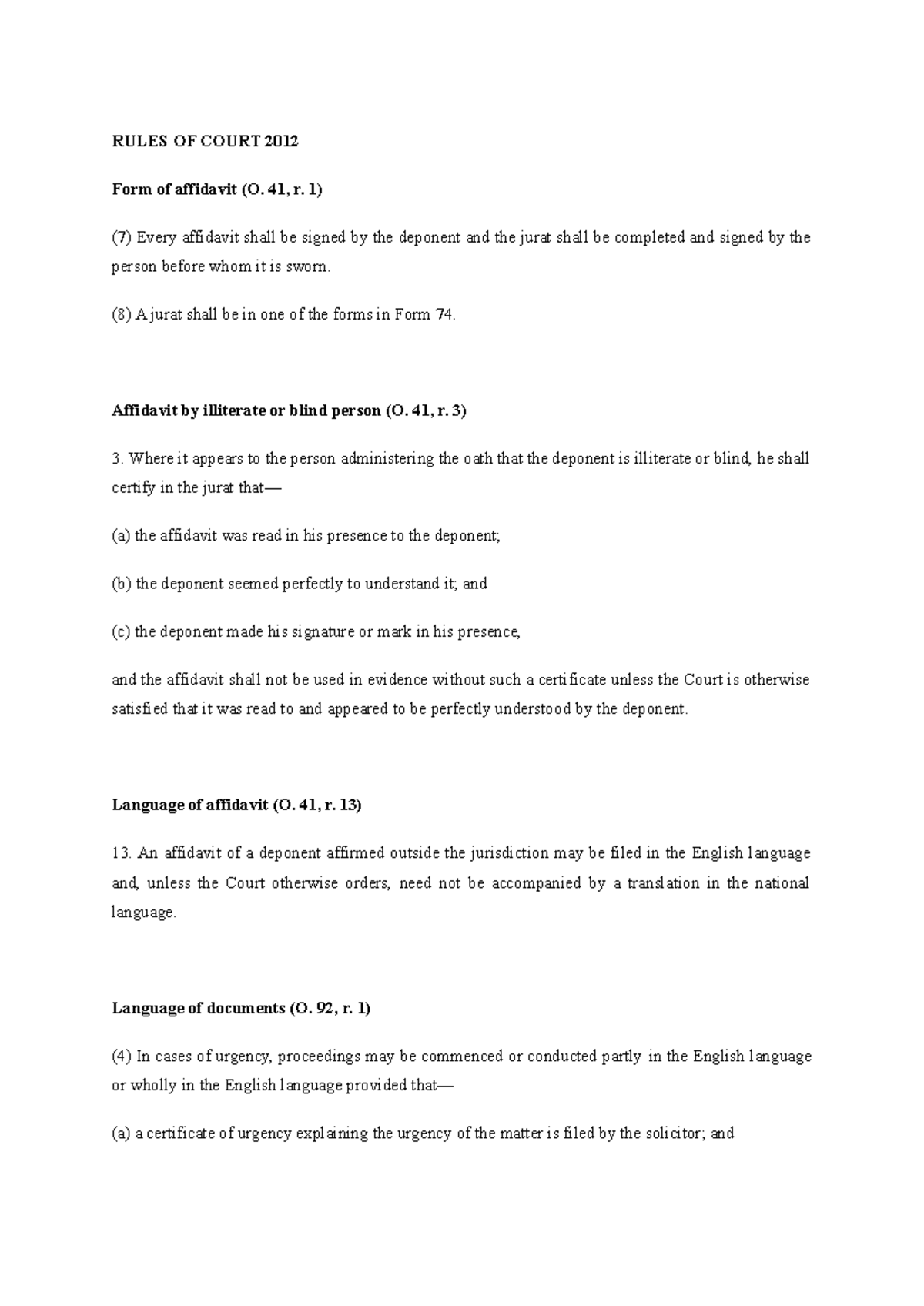 Rules OF Court 2012 - RULES OF COURT 2012 Form of affidavit (O. 41, r ...