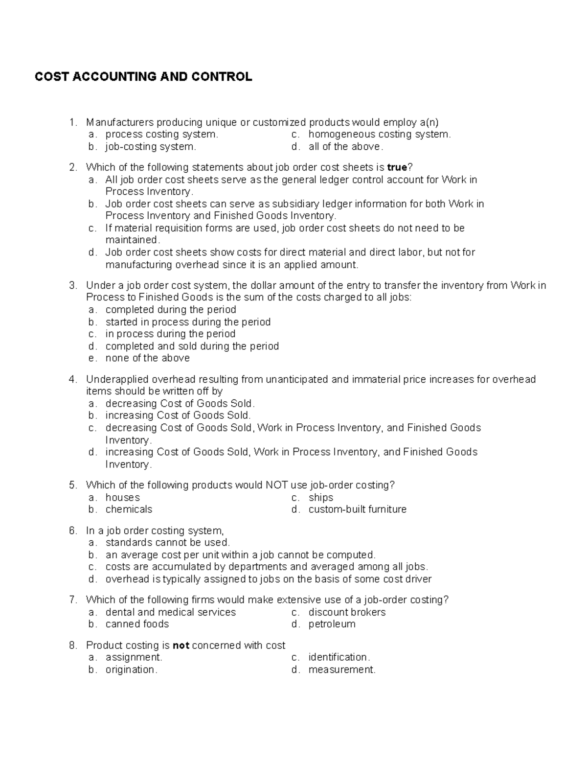 Cost Finals Quiz 1 - COST ACCOUNTING AND CONTROL Manufacturers ...