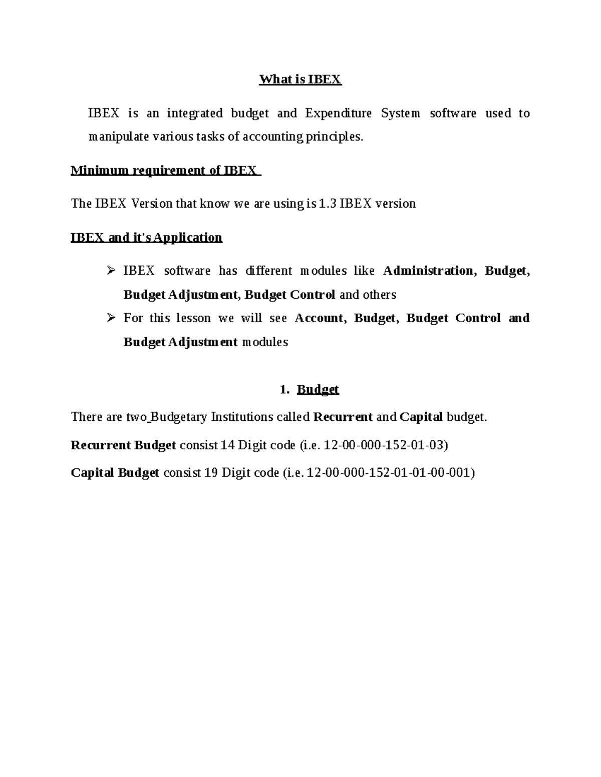 Ibex Training Module.docx - What is IBEX IBEX is an integrated budget ...