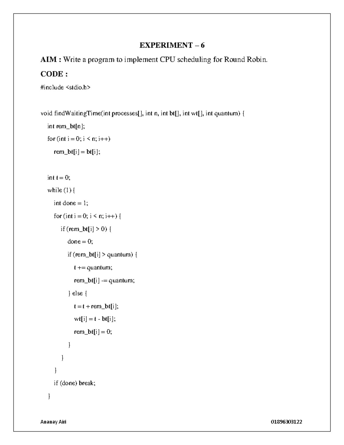 Os6 Merged Practical File Experiment 6 Aim Write A Program To Implement Cpu Scheduling