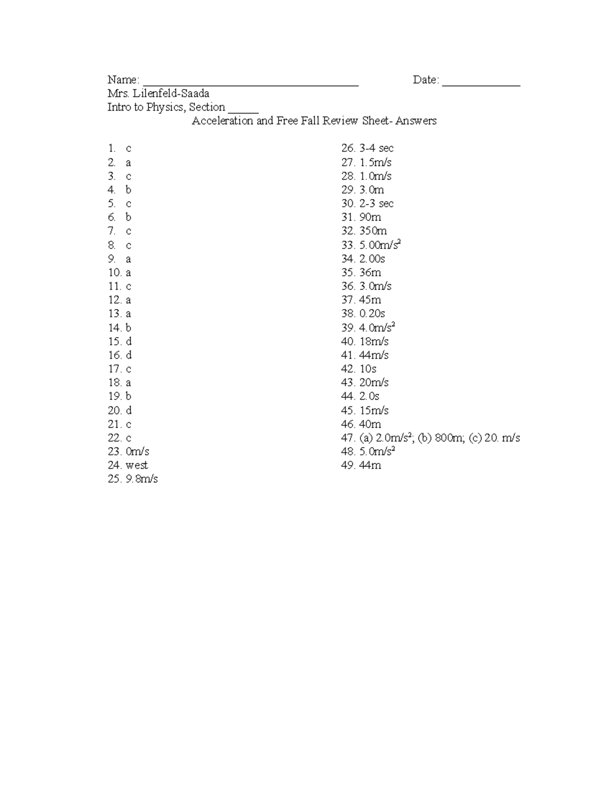 Acceleration and Free Fall Review Sheet- Answers-2 - Name