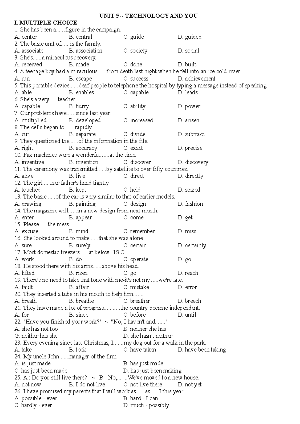 UNIT 5 Technology AND YOU Test Keys - linguiste - Studocu