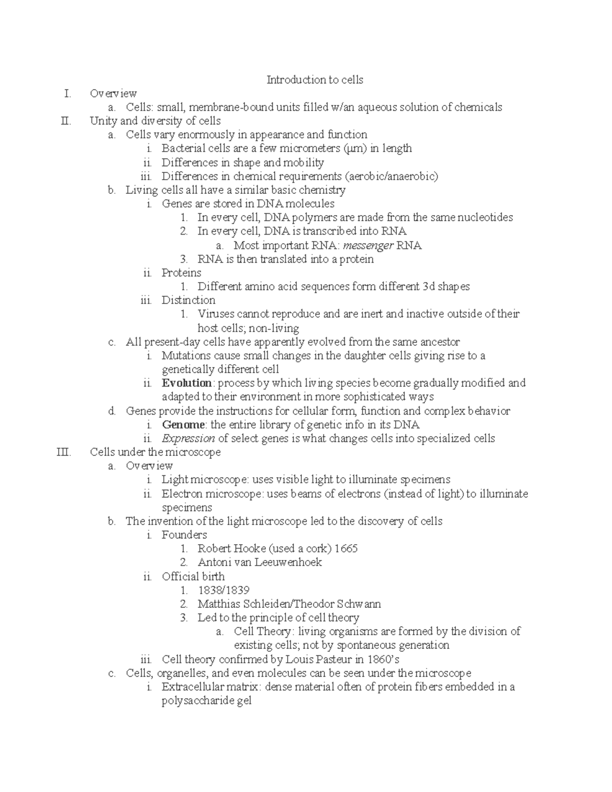 Ch 1 notes intro to cells - Introduction to cells I. Overview a. Cells ...
