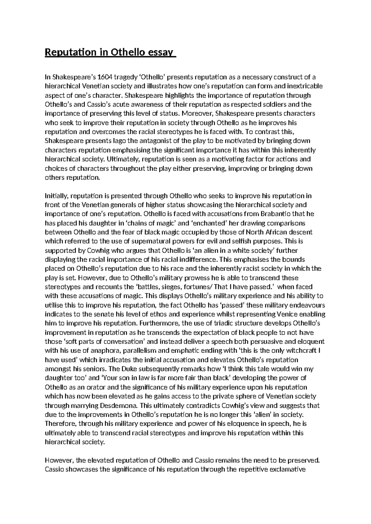 Reputation in Othello essay - Shakespeare highlights the importance of ...