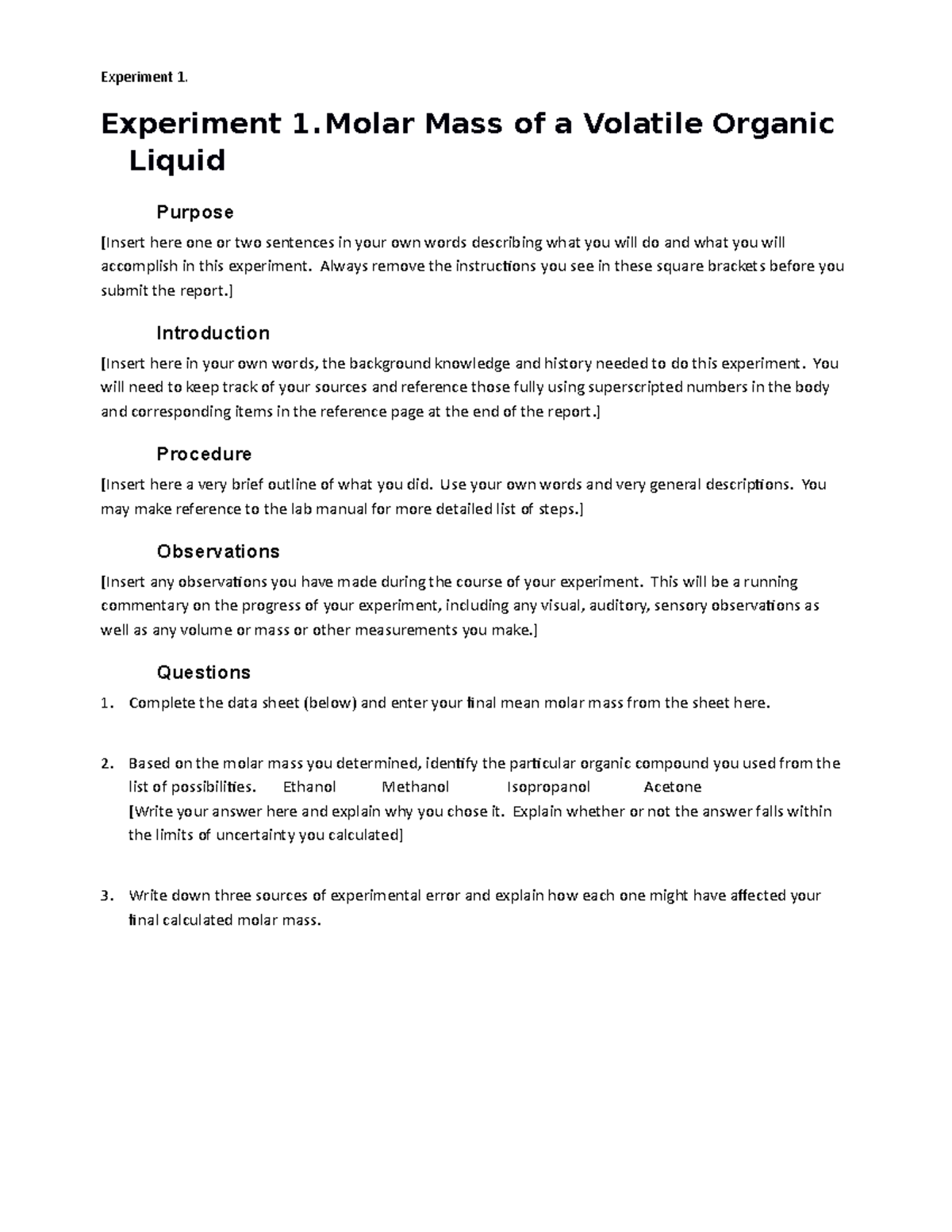 Template Molar Mass of a Volatile Organic Liquid - Experiment 1 ...
