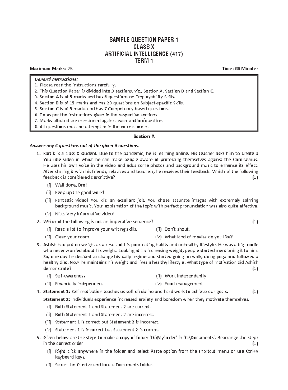 Artificialintelligence Class X Samplequestionpapers PDF - SAMPLE ...